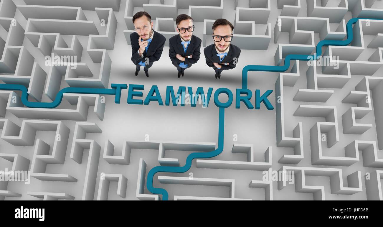 Digital composite of Three businessmen standing in maze with teamwork ...