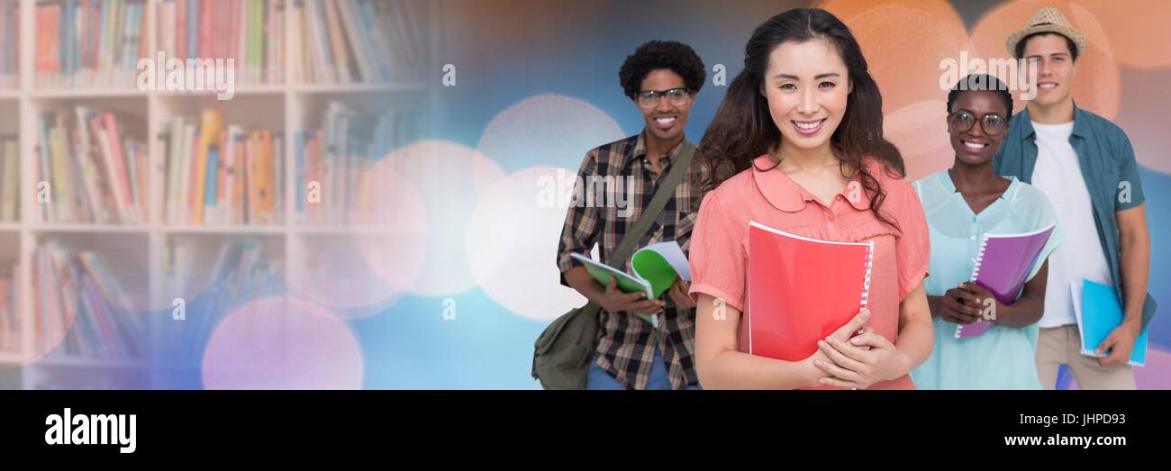 Digital composite of Students in front of bookshelves background Stock ...