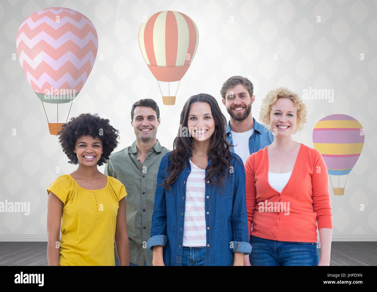 Digital composite of Group of people standing in front of hot air ...