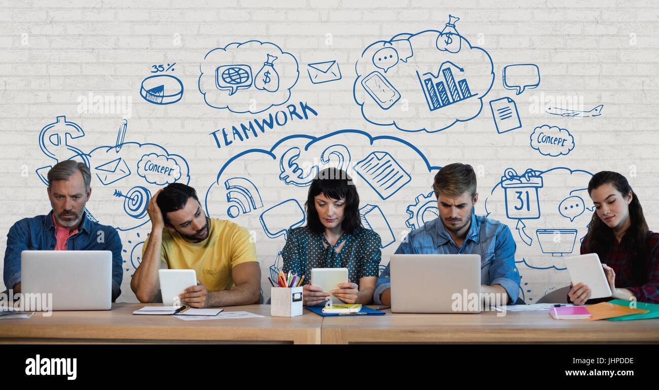 Digital composite of Business people at a desk looking at computers and ...