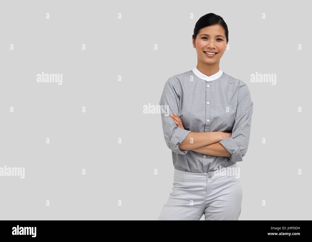 Digital composite of Portrait of woman with grey background Stock Photo ...