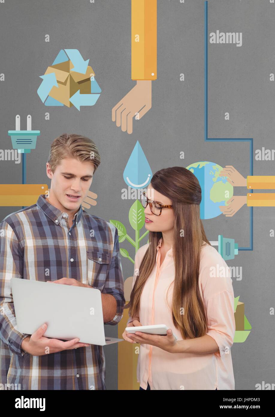 Digital composite of Business people looking at a computer against grey ...