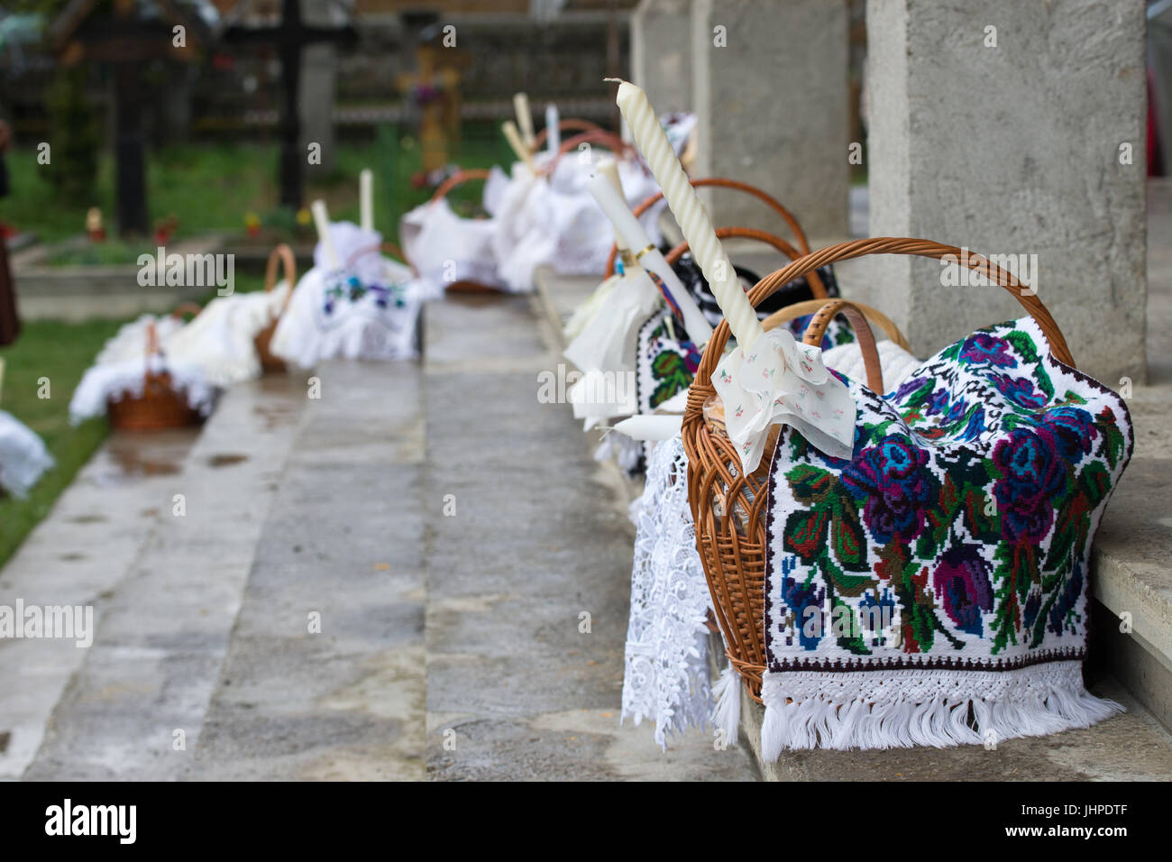 Baskets with food to be blessed at Easter mass, village of Breb ...
