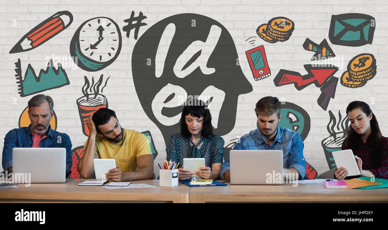 Digital composite of Business people at a desk looking at computers and ...