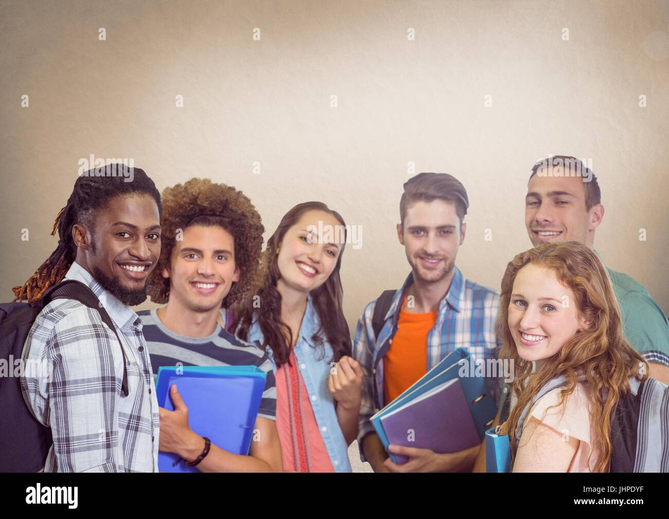 Digital composite of Group of students standing in front of blank brown ...