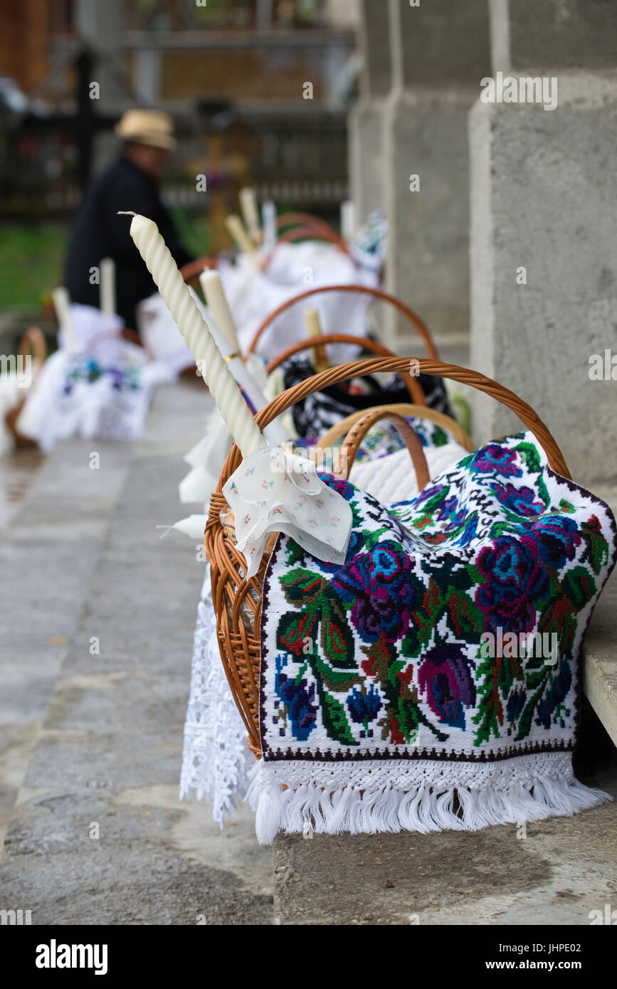 Baskets with food to be blessed at Easter mass, village of Breb ...