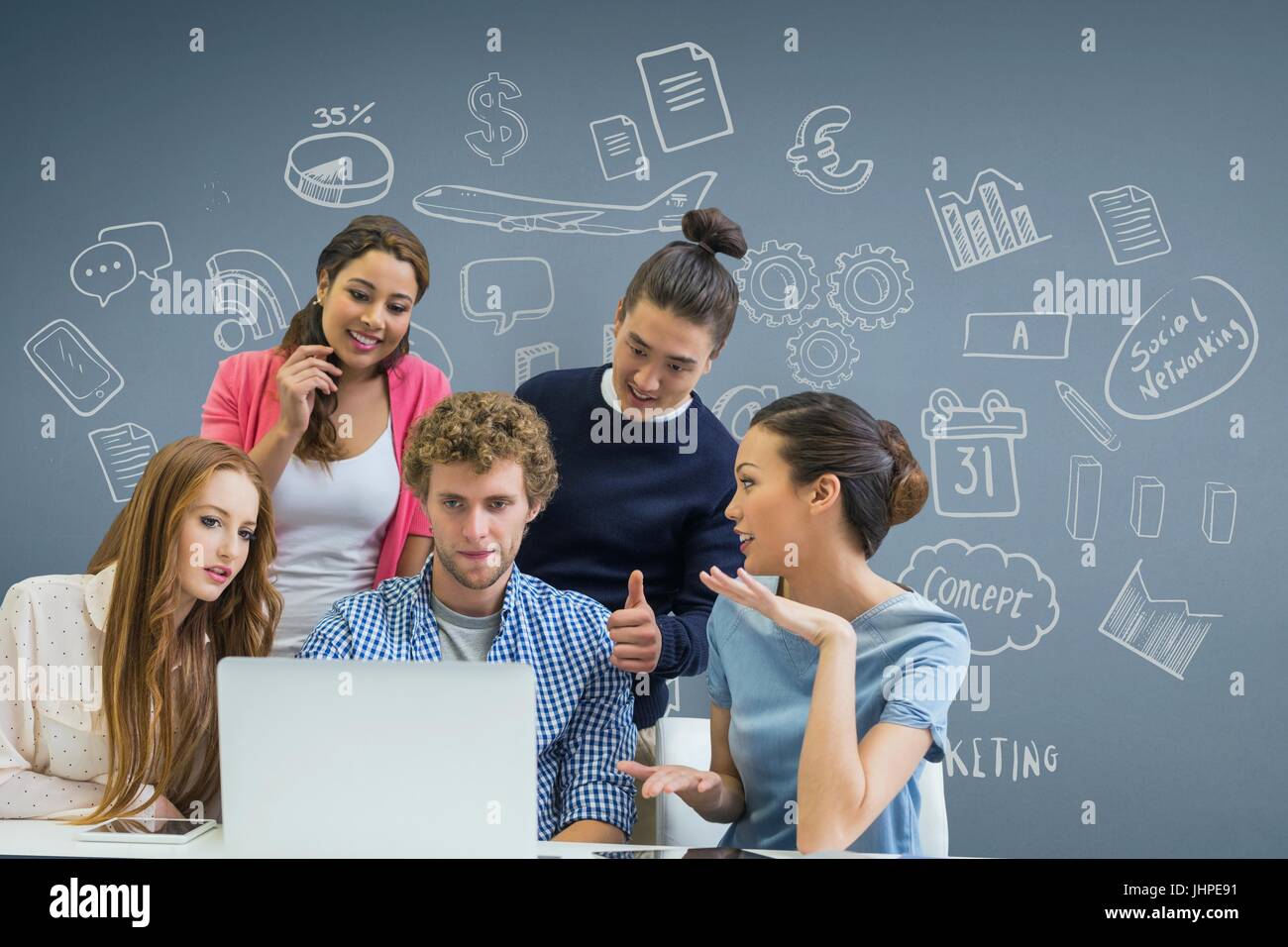 Digital composite of Business people at a desk looking at a computer ...