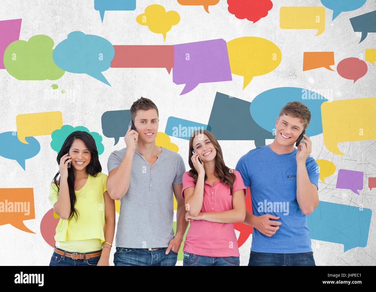 Digital composite of Group of friends talking on phones in front of ...