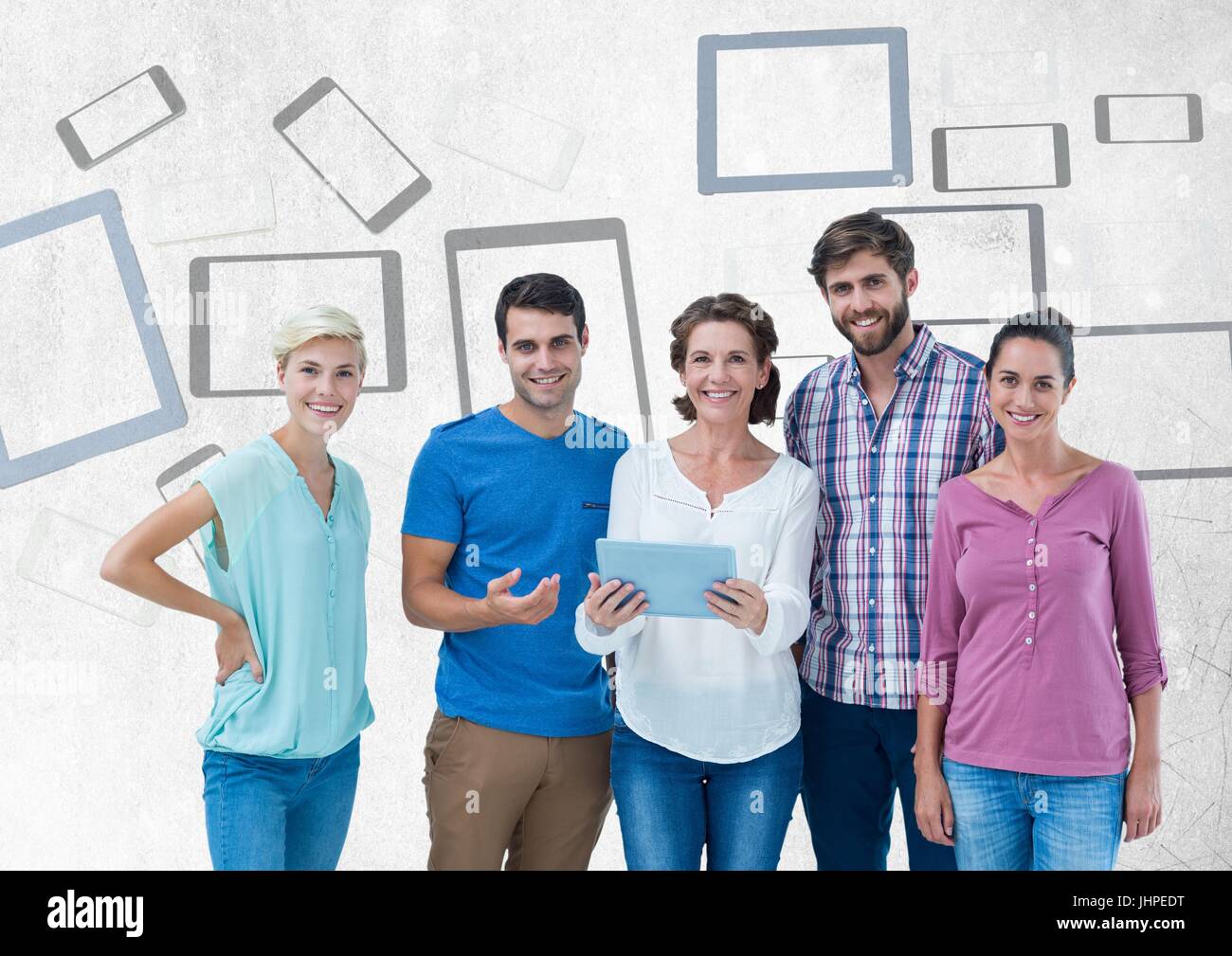 Digital composite of Group of people standing in front of Tablet and ...