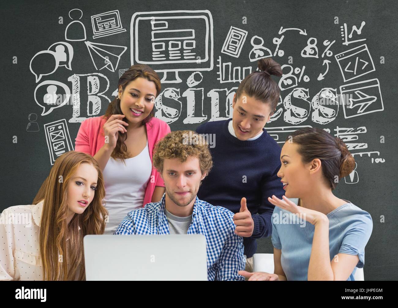 Digital composite of Business people at a desk looking at a computer ...