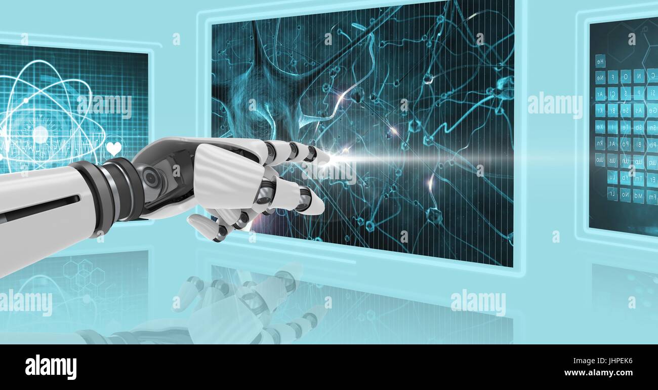 Digital composite of 3D robot arm touching screen with medical image ...