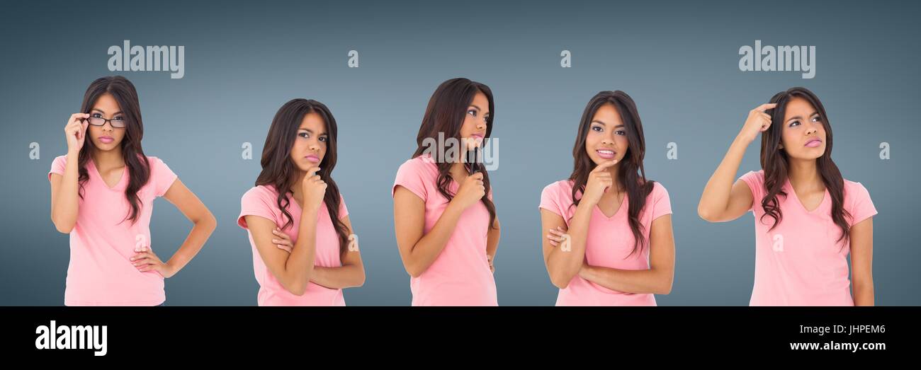Digital composite of Woman thinking collage against blue background ...