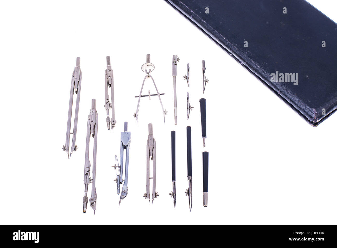 Set of drawing metal compasses in black box. Studio Photo Stock Photo ...
