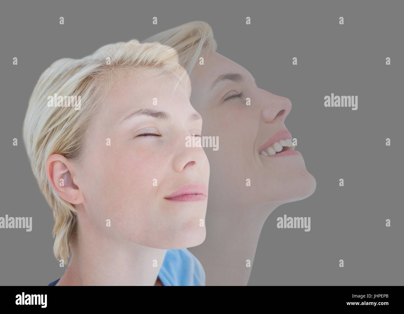 Digital composite of Portrait of woman relaxed in transition with grey ...