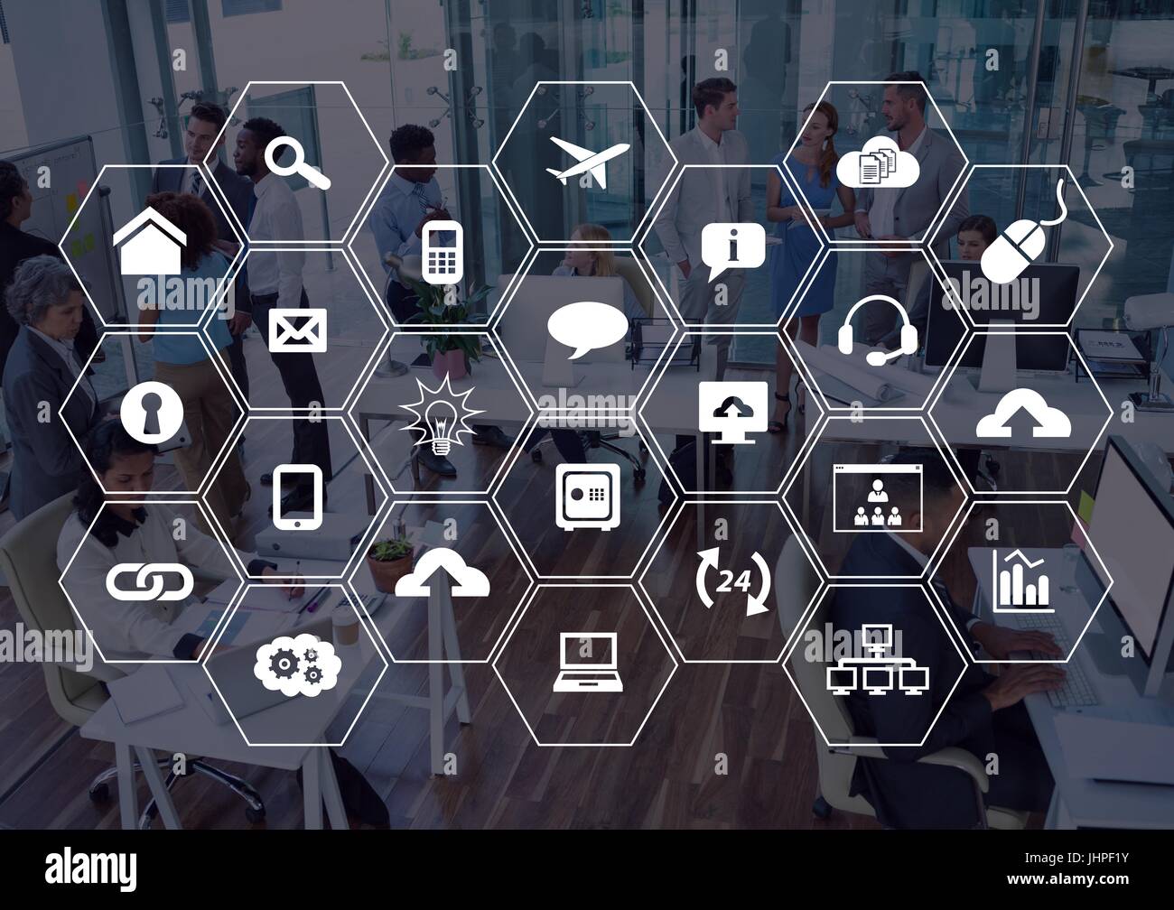 Digital composite of Icons against meeting background Stock Photo - Alamy