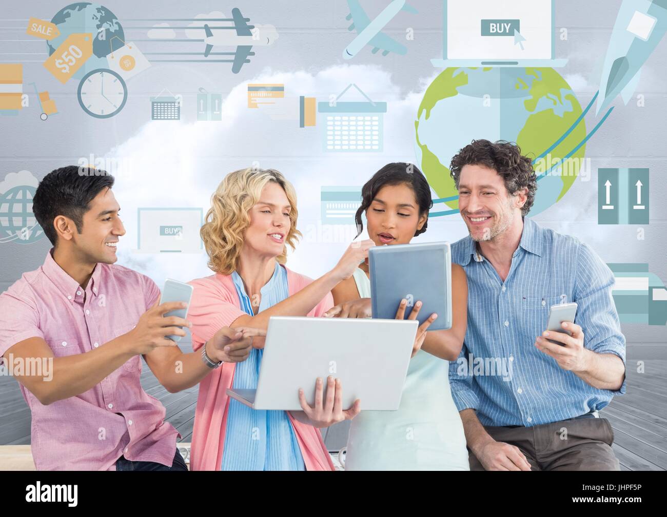 Digital composite of Group of people on tablets and devices in front of ...