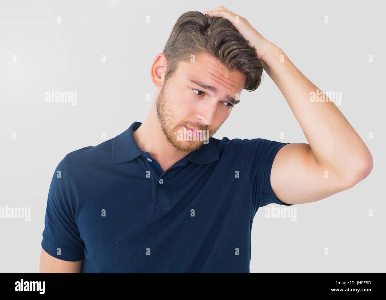 Digital composite of Portrait of concerned Man with grey background ...