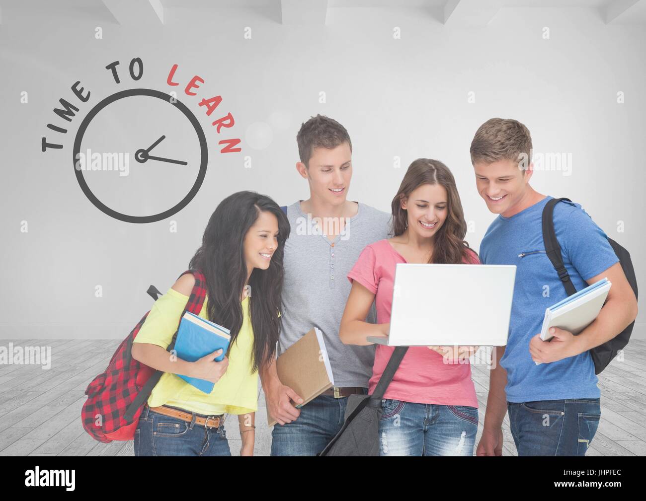 Digital composite of Group of students standing in front of Clock time ...