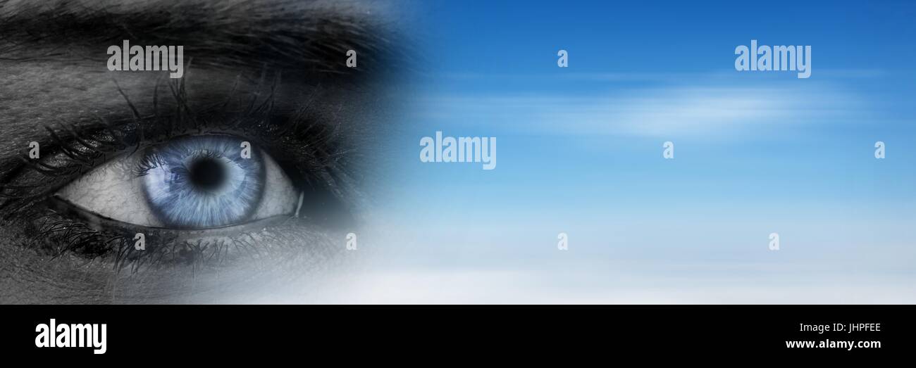 Digital composite of Close up of greyscale eye with blue iris and ...