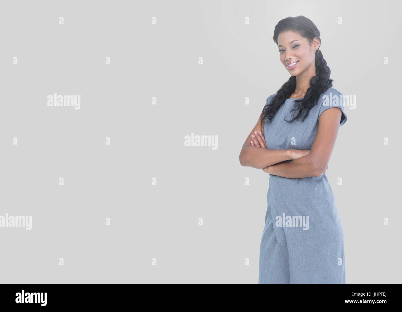 Digital composite of Portrait of woman with grey background Stock Photo ...