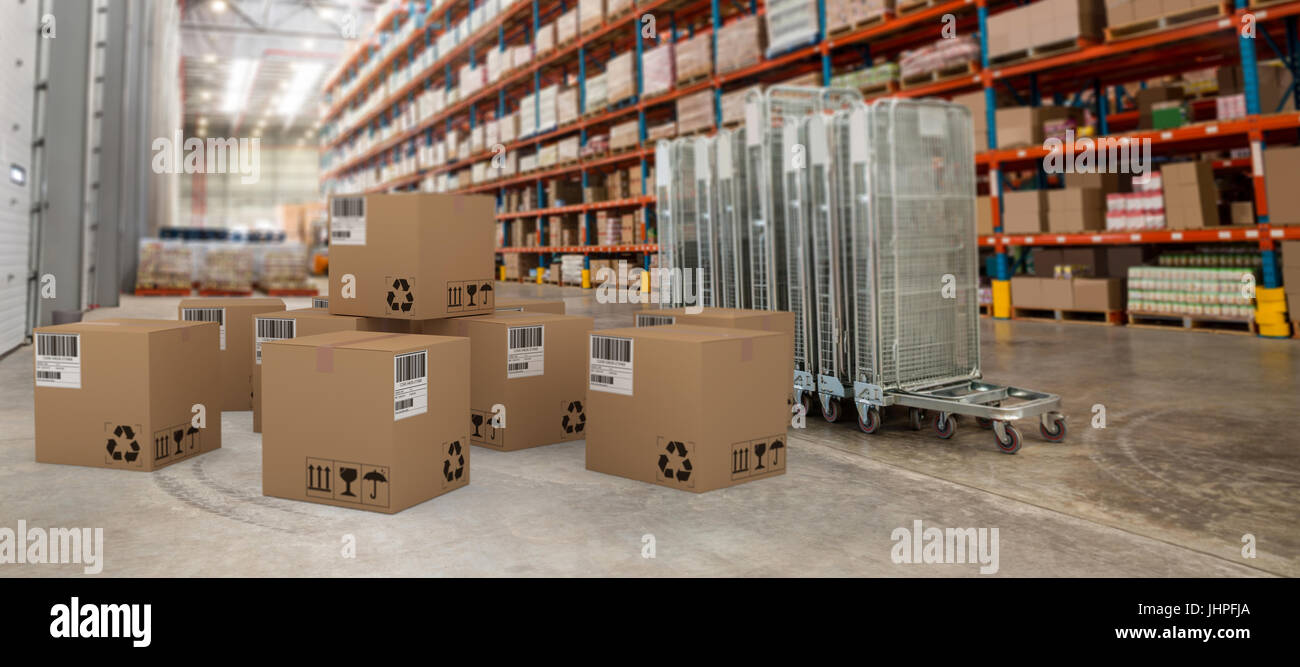 Group of graphic cardboard boxes against trolleys and cardboard boxes ...