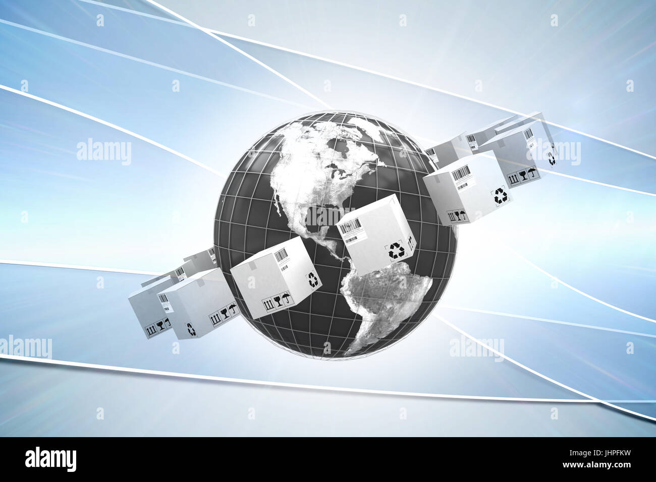 Cardboard boxes surrounding planet earth against linear grey background ...