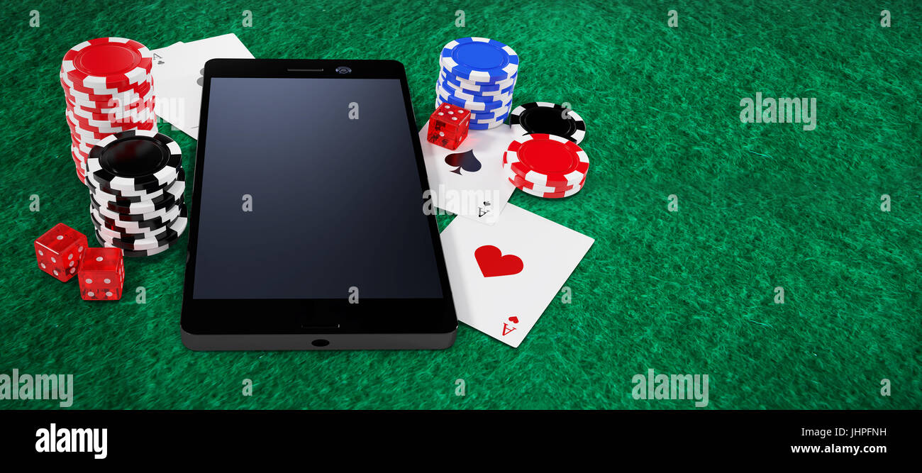 Mobile phone with stack of casino tokens and playing cards against full ...