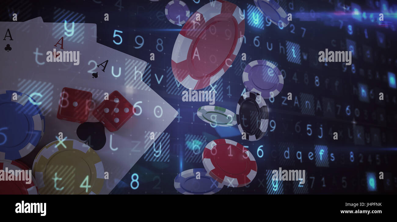 Virus background against overhead view of casino tokens with dice and ...