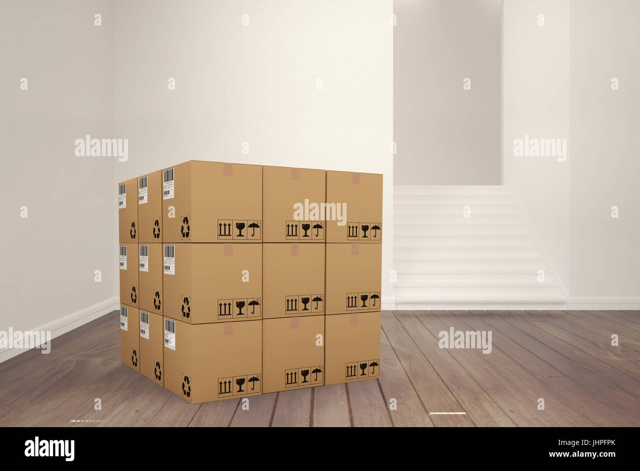 3D image of cardboard boxes against empty room Stock Photo - Alamy