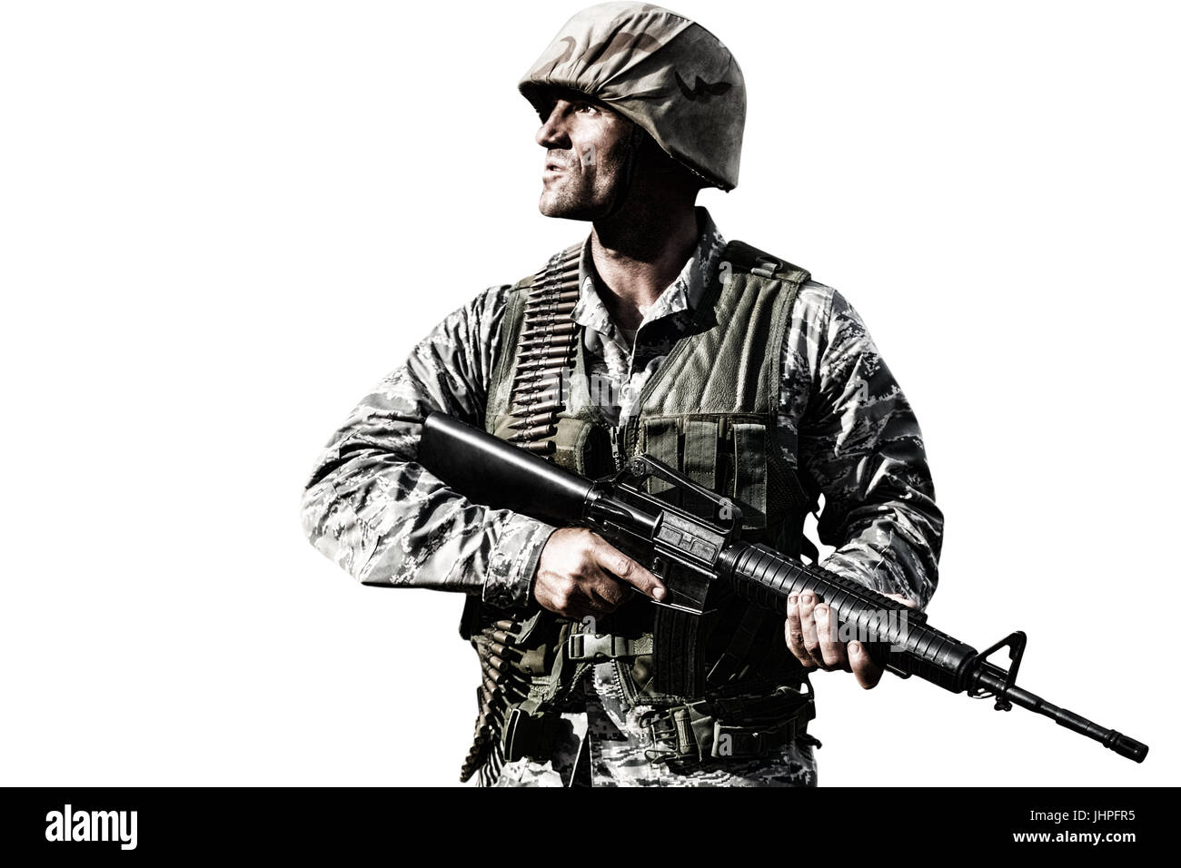 White background with vignette against military soldier with weapon ...