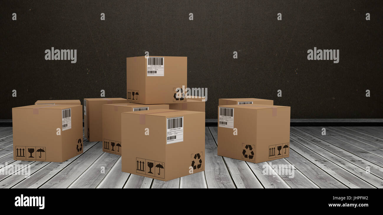 Group of digitally generated brown cardboard boxes against dark room ...