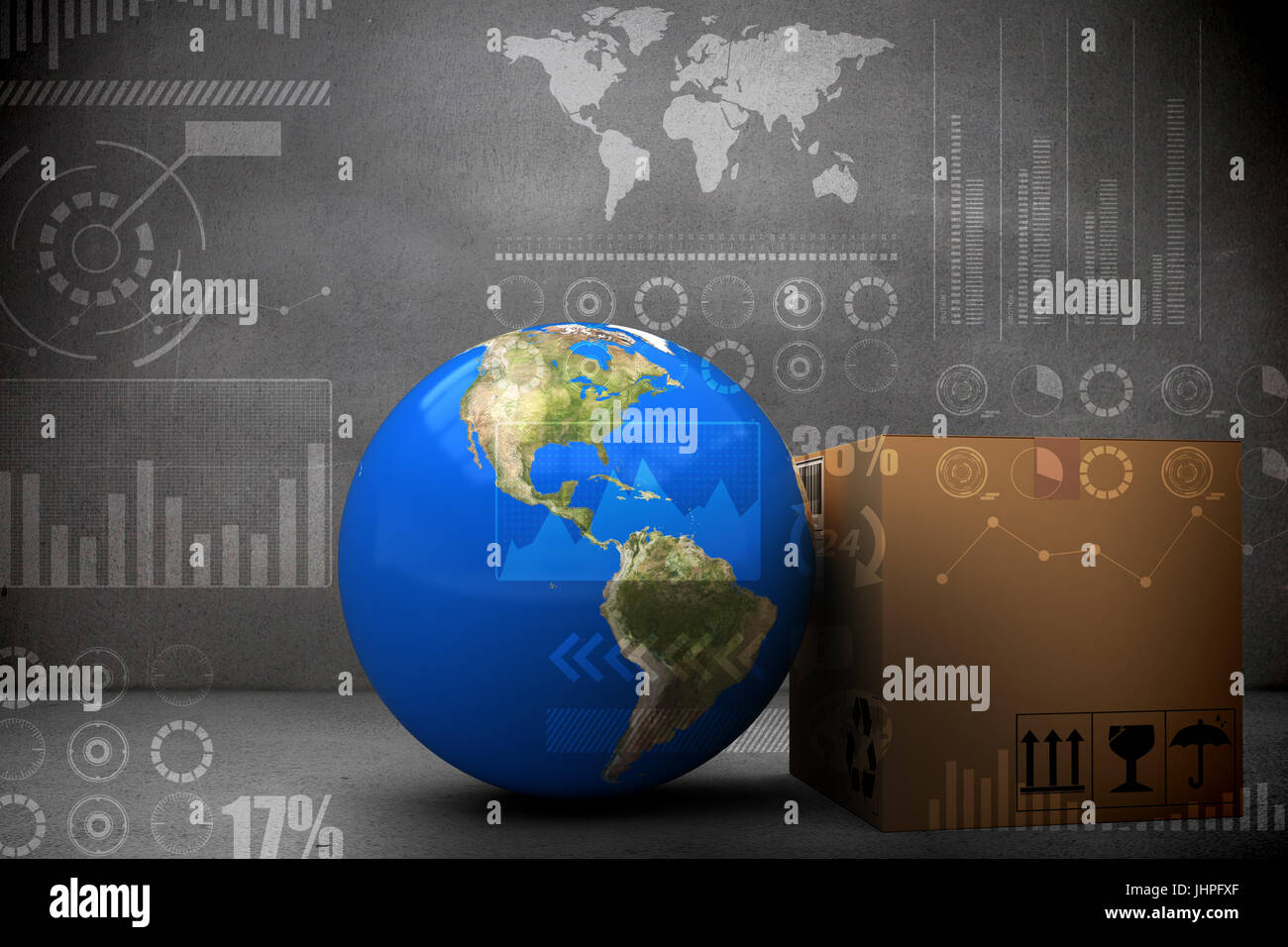 3D image of planet Earth by cardboard box against grey room Stock Photo ...