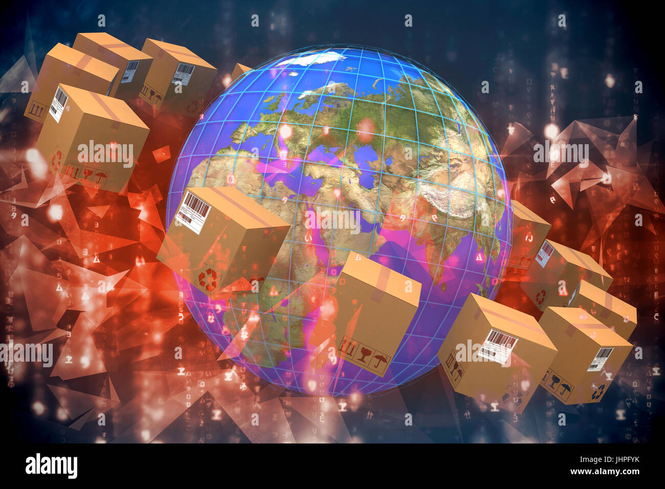 Brown cardboard boxes surrounding planet earth against abstract ...