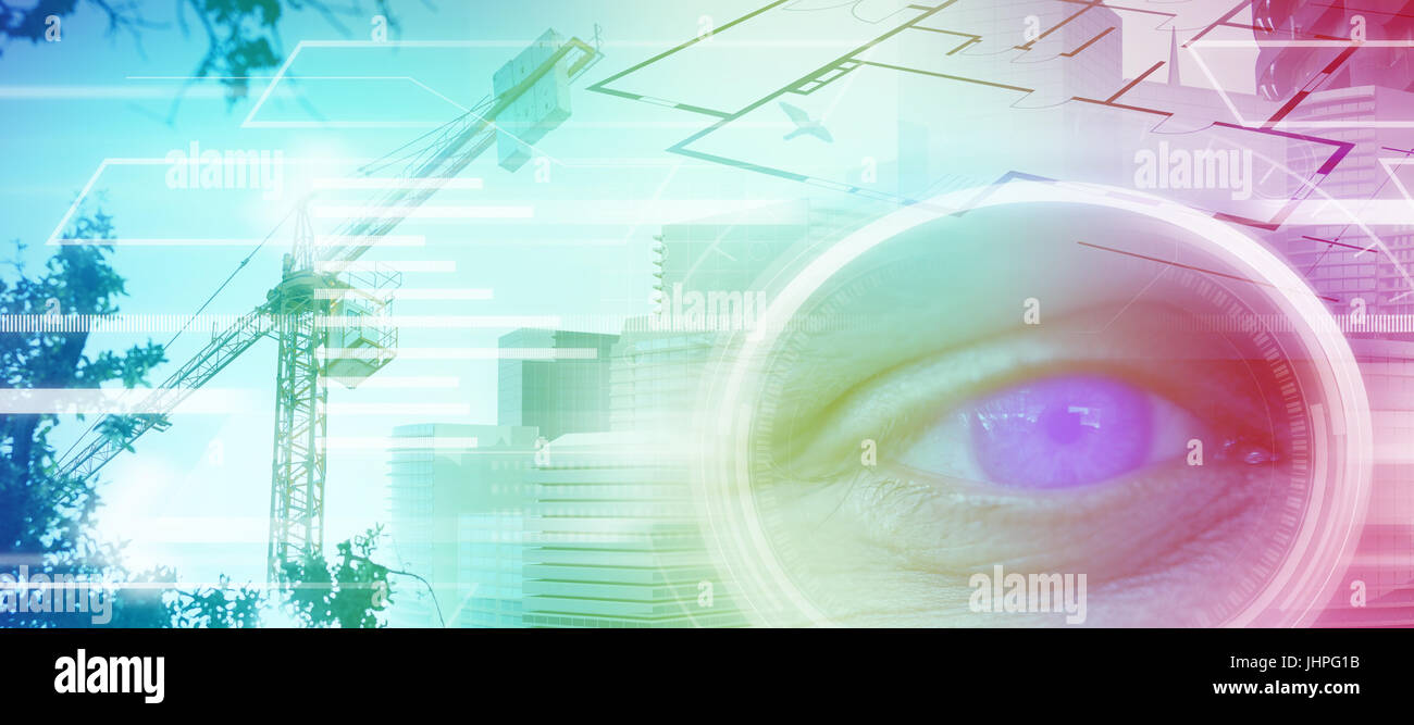 Close up of human eye against blue house behind an architectural plan ...