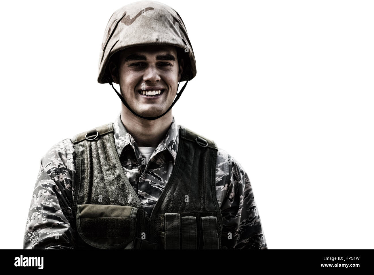 White background with vignette against portrait of smiling military ...