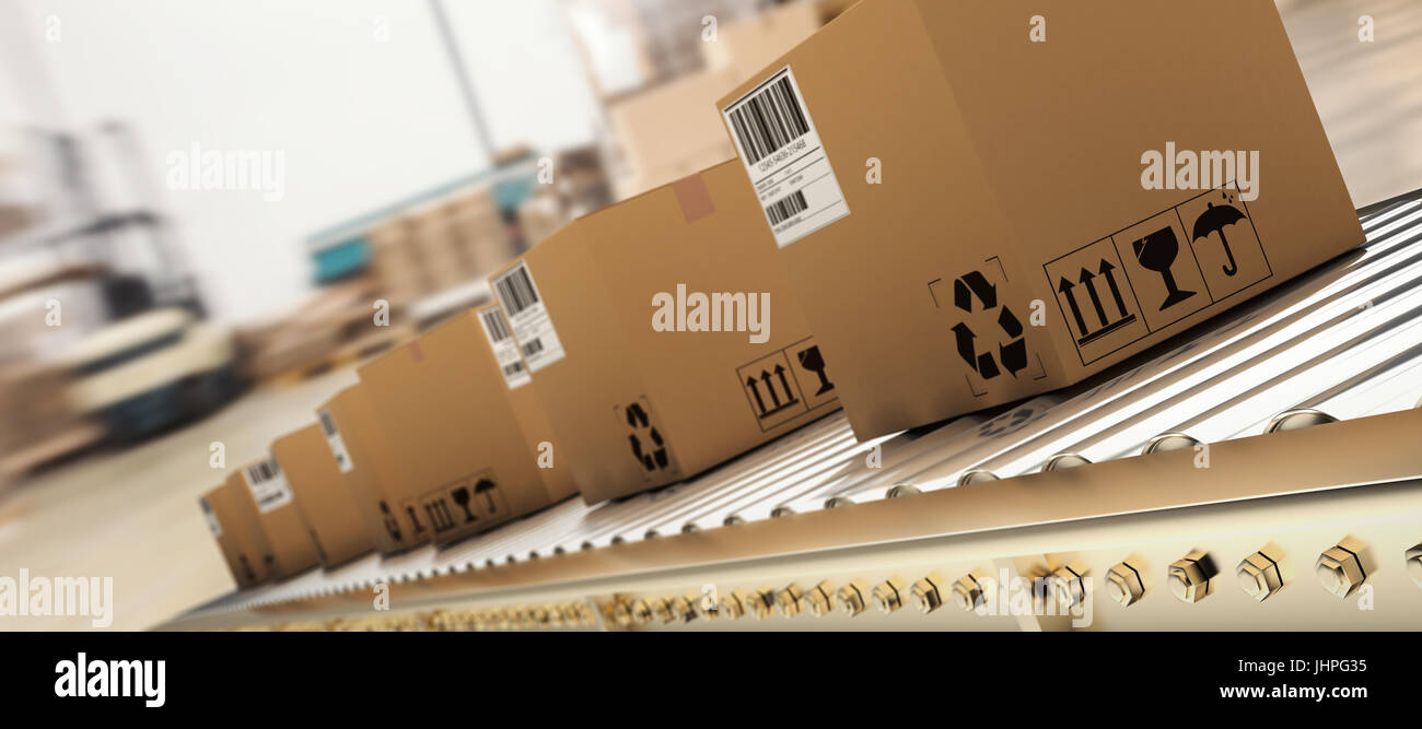 Packed courier on production line against cardboard boxes in warehouse ...