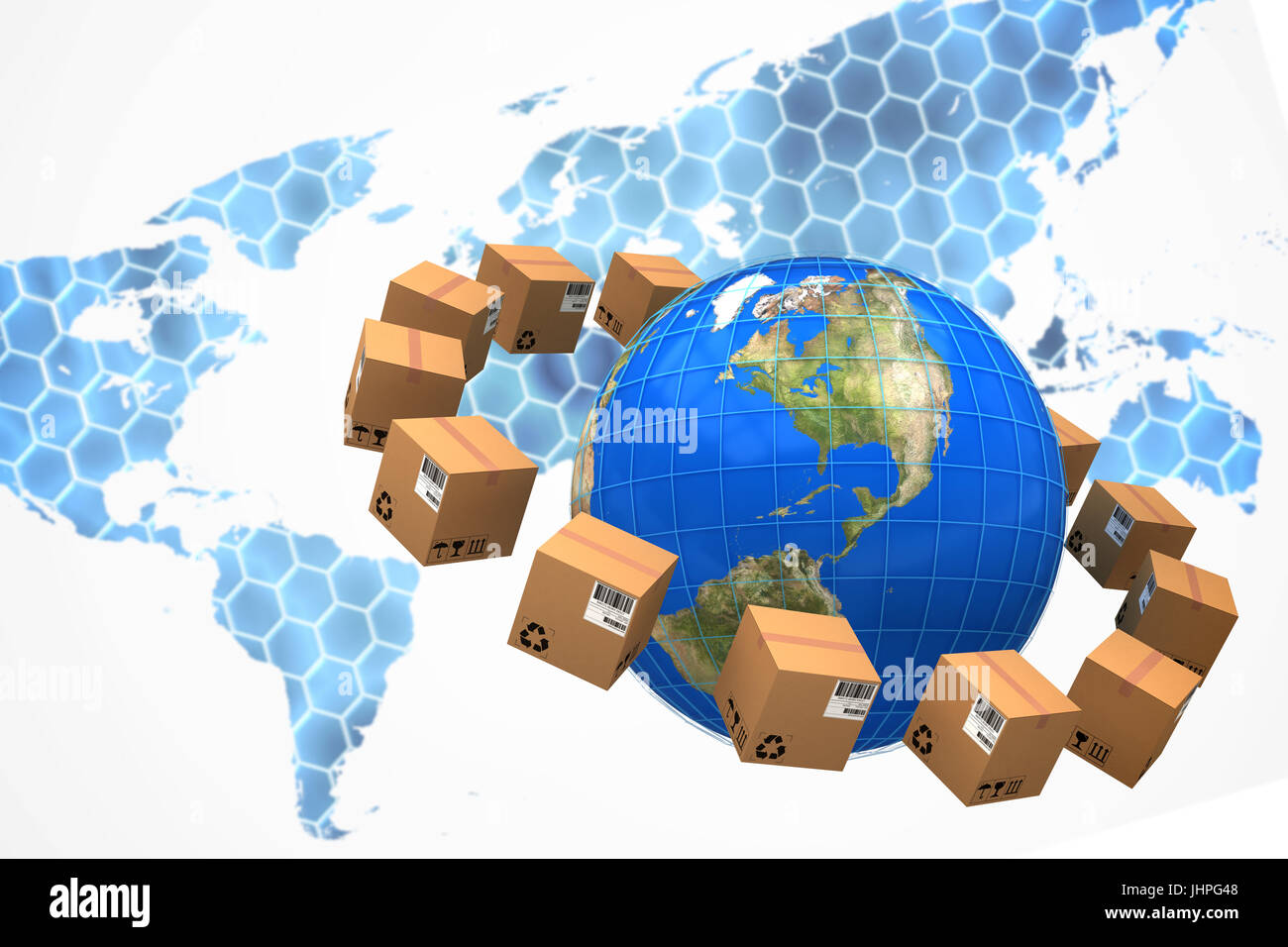 Planet earth amidst brown cardboard boxes against background with ...