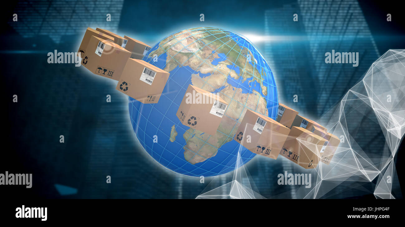 World map amidst cardboard boxes against abstract black background ...