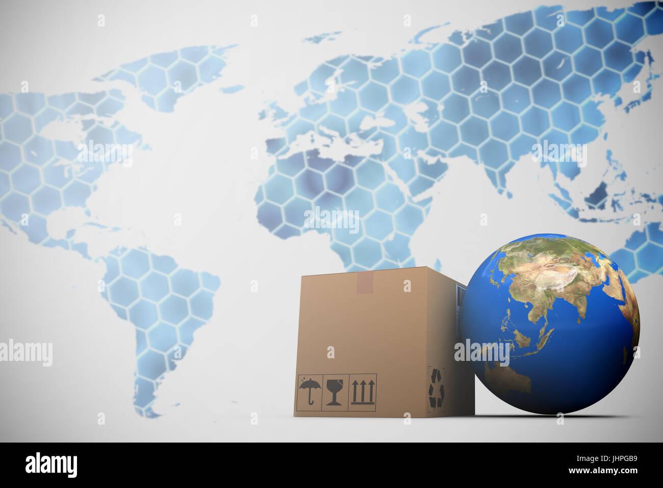 3D image of planet Earth and box against background with hexagons and ...