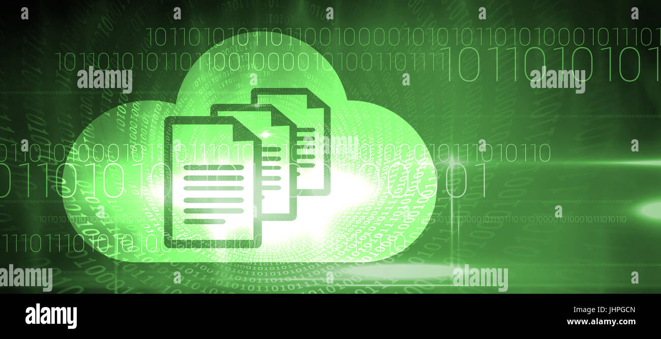 Documents inside cloud against spiral of shiny binary code Stock Photo ...