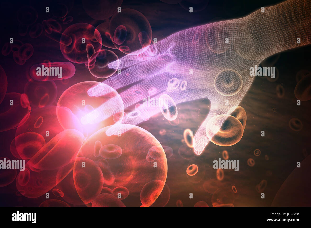 3d illustration of human hand against red blood cells in human body ...