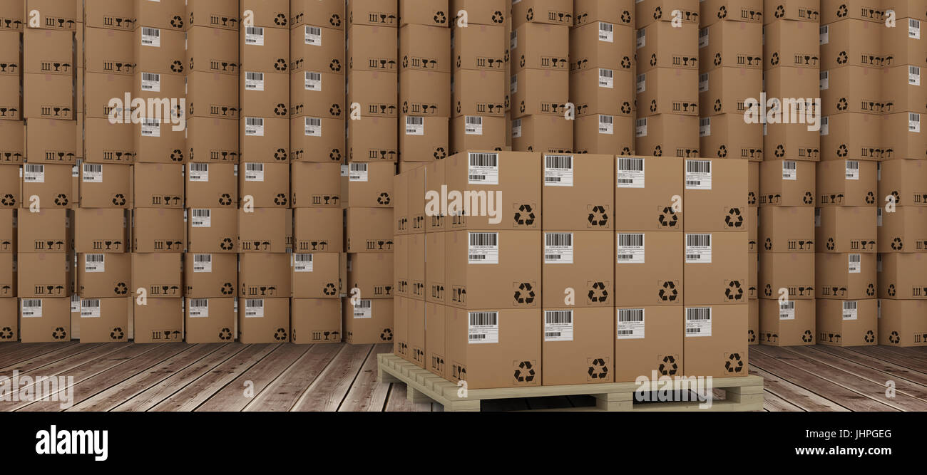 Brown cardboard boxes over white background against room with wooden ...
