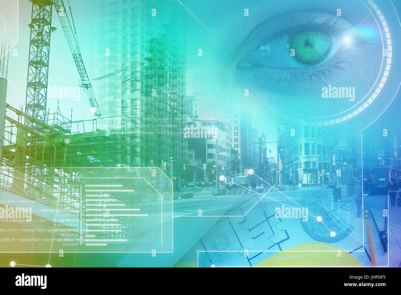 technology interface against overhead view of architect material Stock ...