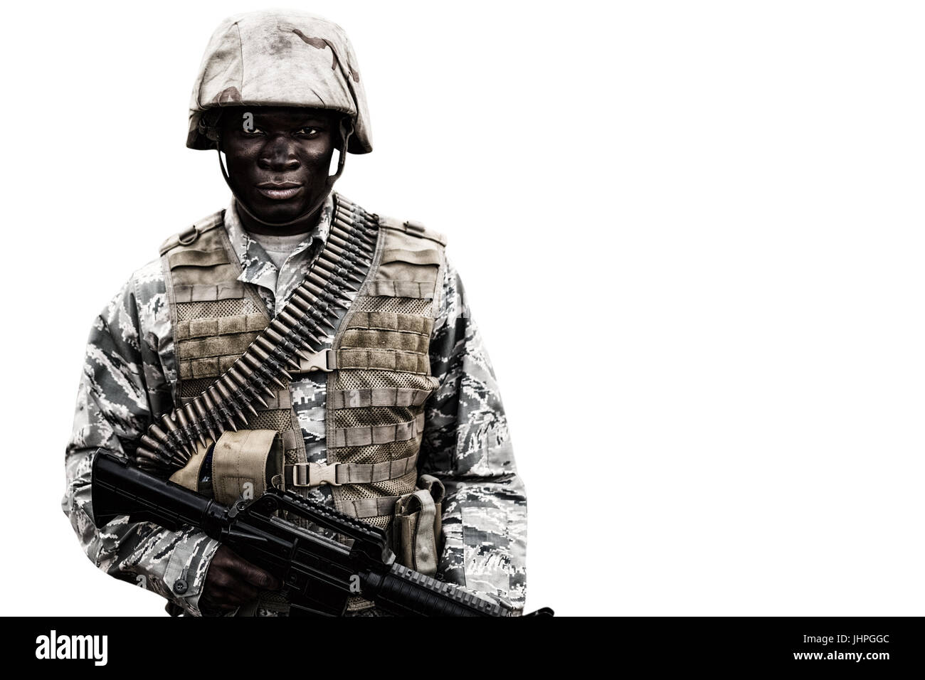 White background with vignette against portrait of confident military ...