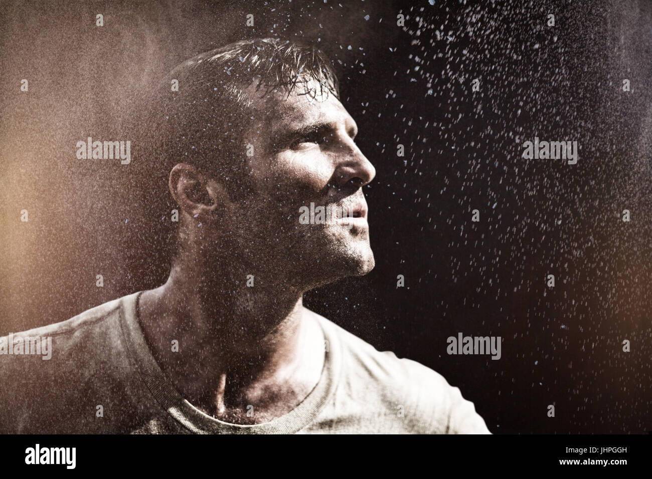 Black background against portrait of military soldier looking up Stock ...