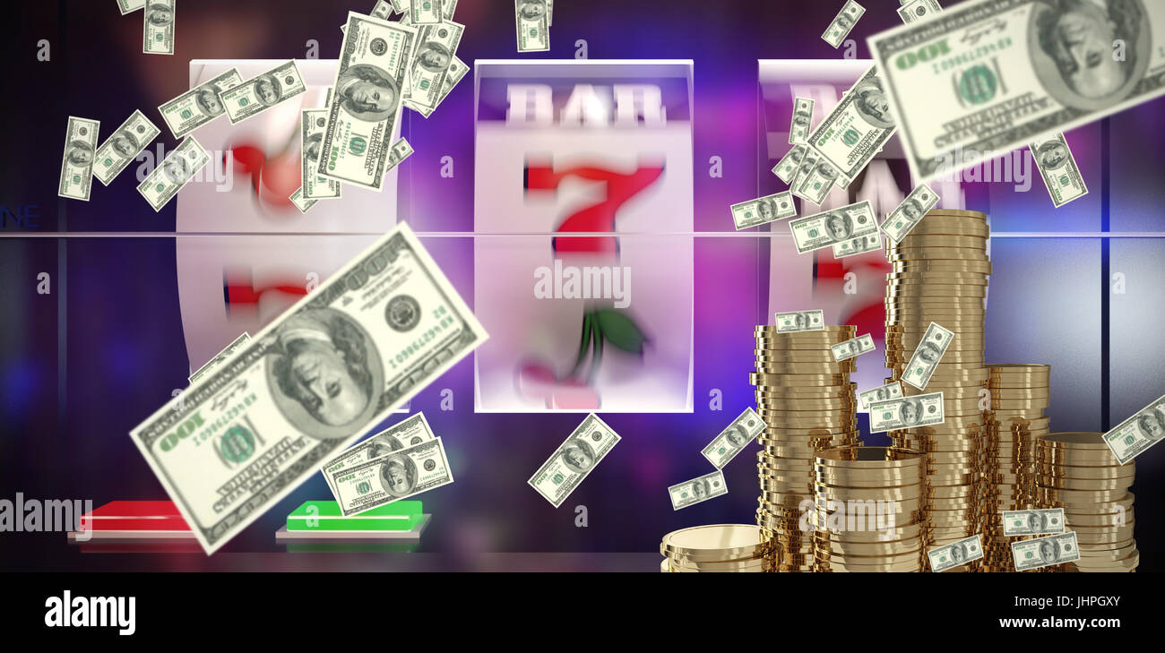 dollars falling against blurred motion of slot machine Stock Photo - Alamy
