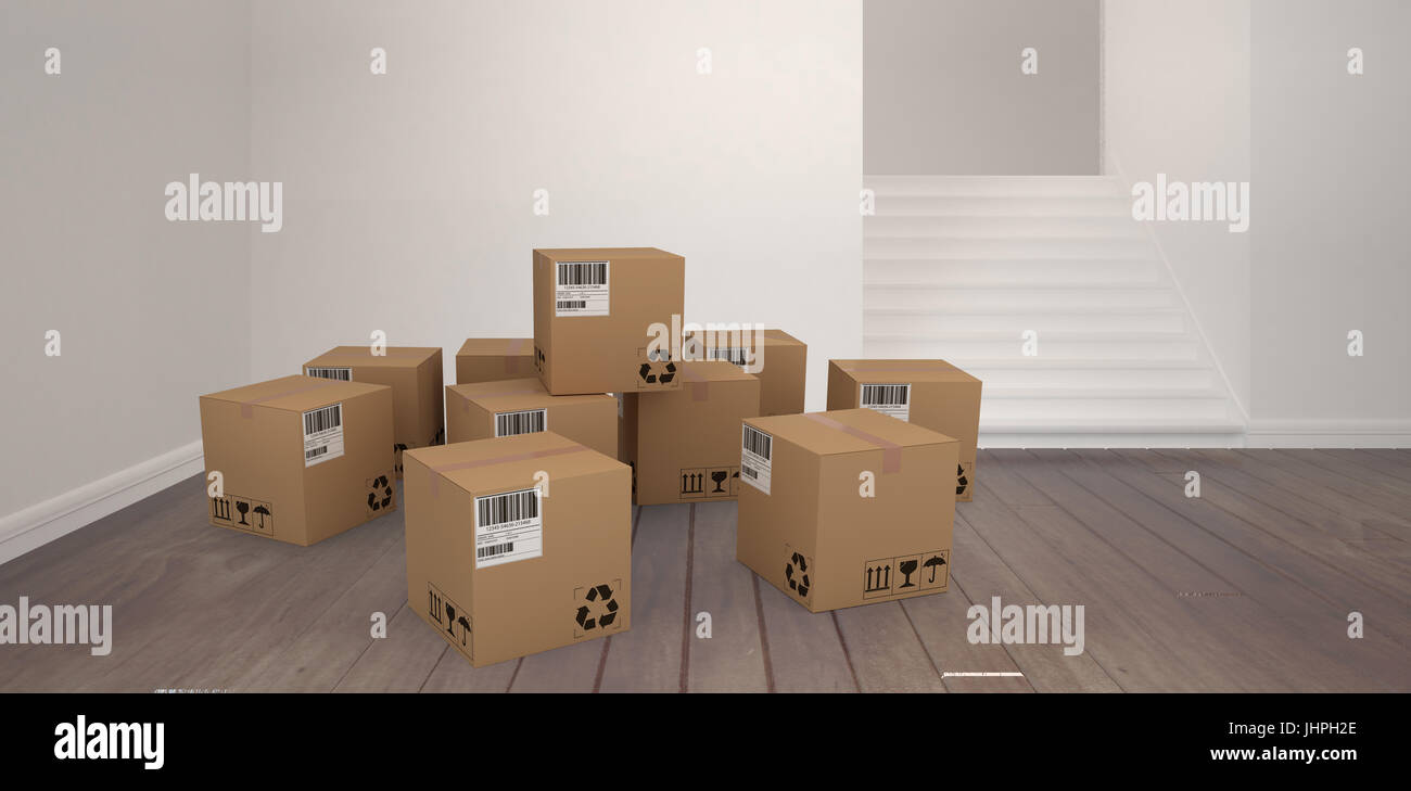 Group of composite cardboard boxes against empty room Stock Photo - Alamy