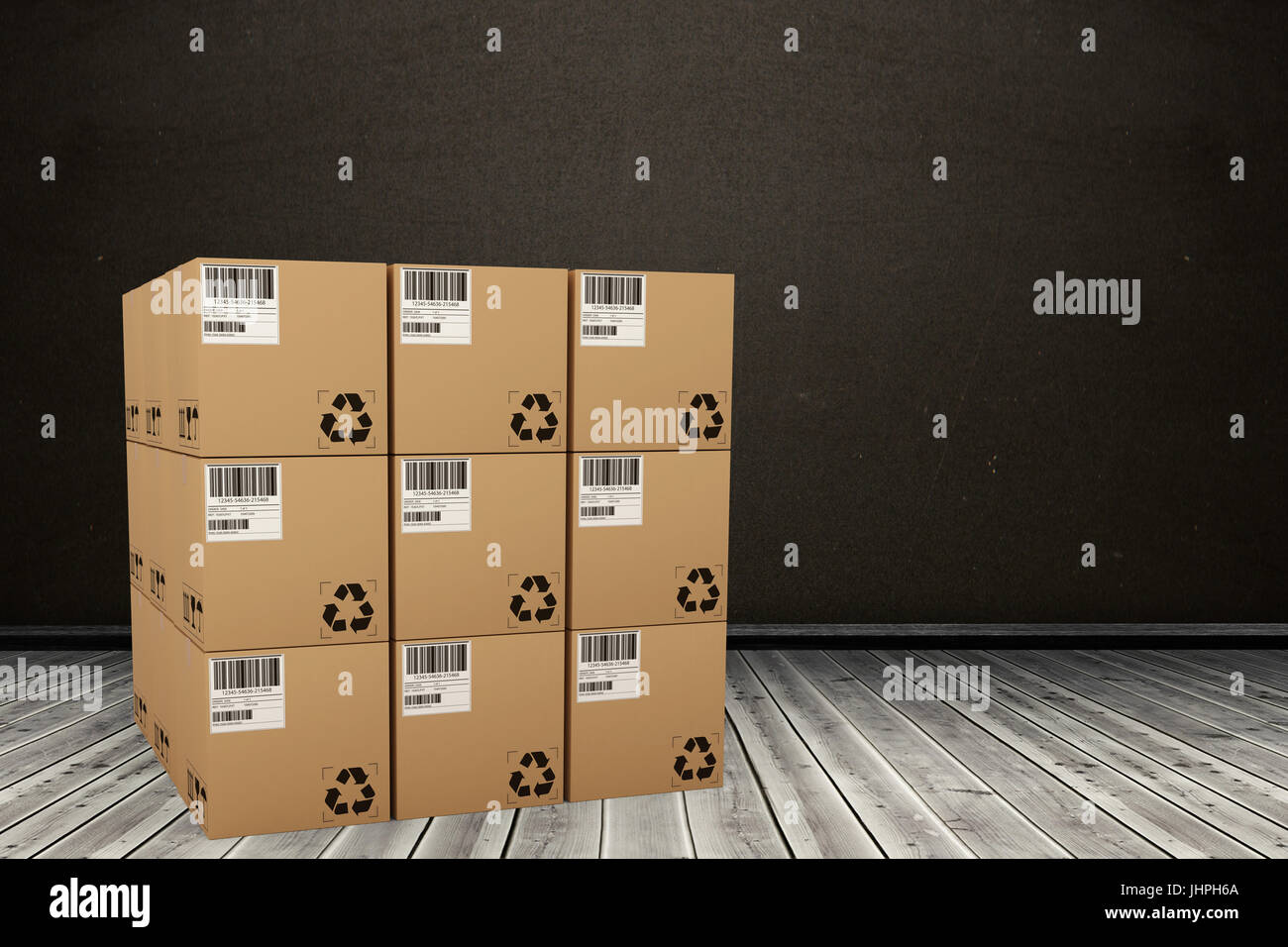 Digital composite image of cardboard boxes against dark room Stock ...