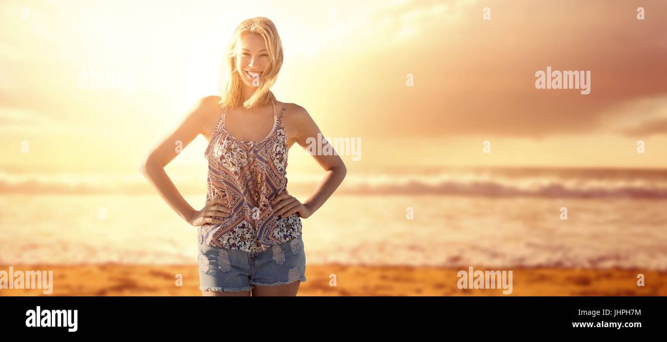 Side profile of woman with her hands on her hips hi-res stock ...