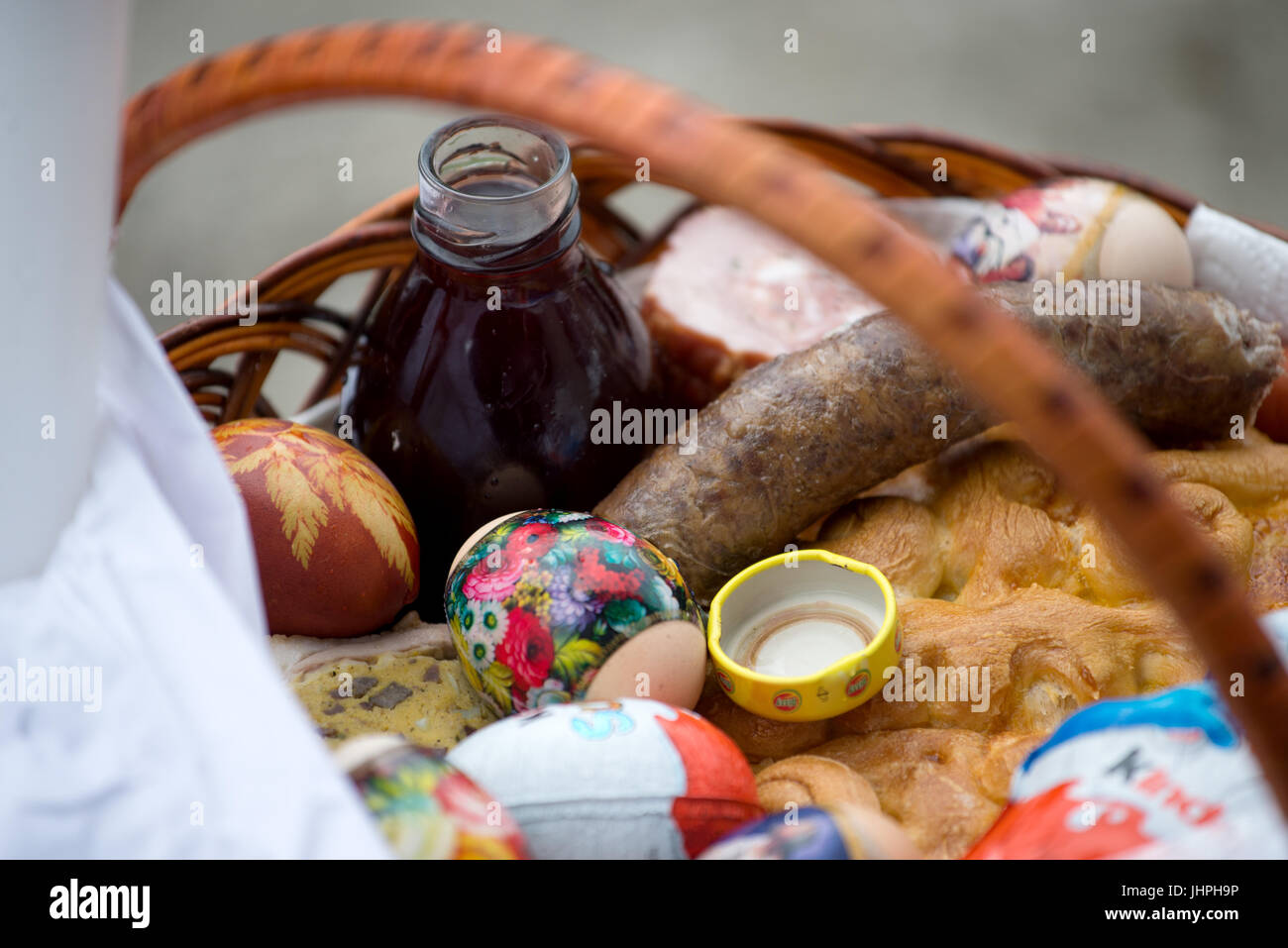 A basket of food ready to be blessed at Easter mass, village of Breb ...